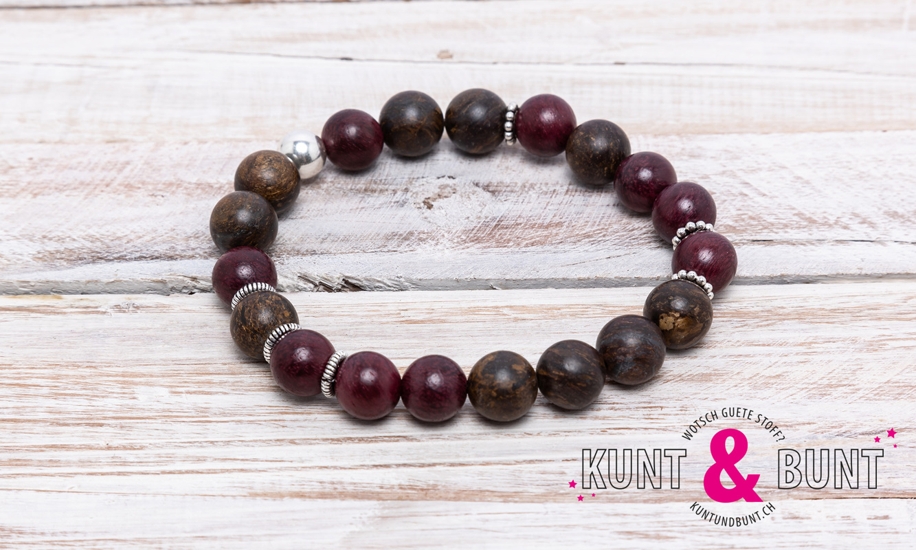 Armband Balls 10 mm Silber - Bronzit Walnuss Aubergine - KUNT & BUNT
